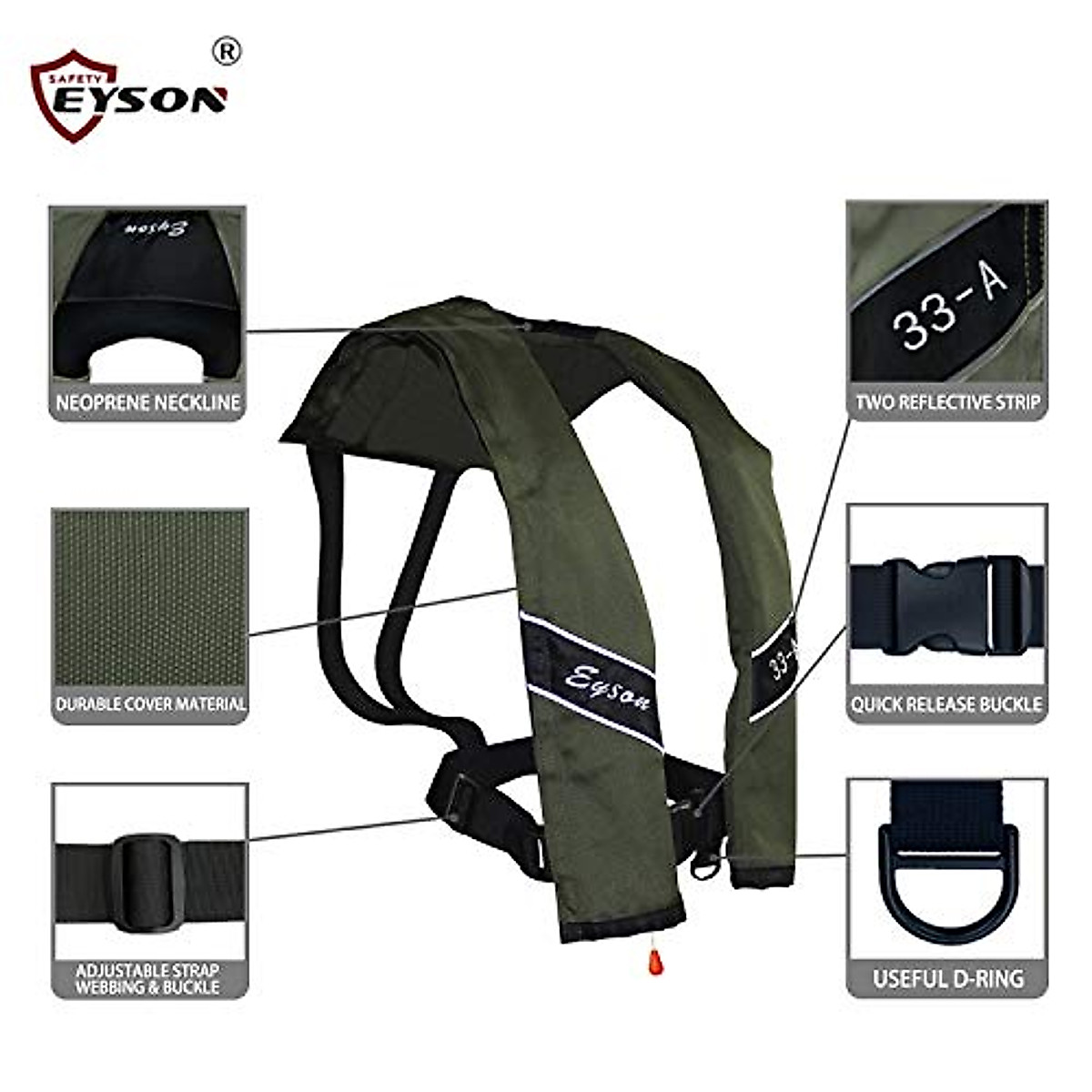 Eyson Slim Inflatable Life Jacket Life Vest Automatic (Olive)