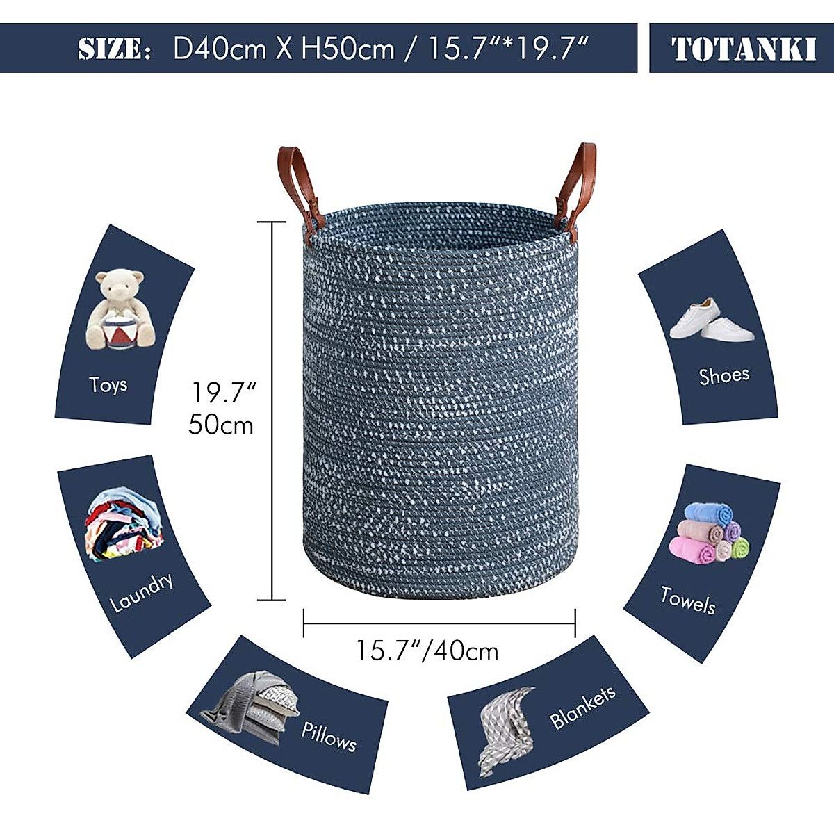 TOTANKI Large Cotton Rope Laundry Storage Basket - 15.7 Inches(D) x 19.7 Inches(H) - Collapsible Woven Basket with Leather Handles for Storing Clothing, Diapers, Toys (Blue)