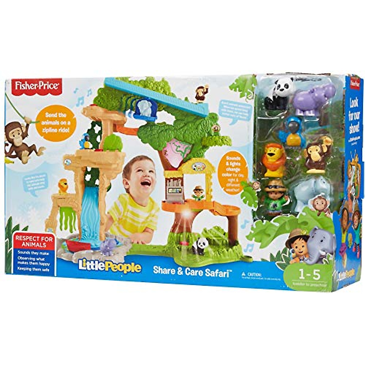 Fisher-Price Little People Toddler Playset Share & Care Safari 2-Ft Tall Toy with Lights Sounds & 7 Figures for Ages 1+ years