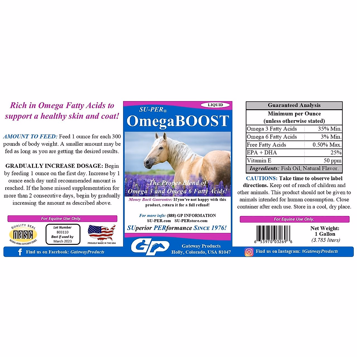 SU-PER OmegaBOOST Fish Oil for Horses - Premium Omega 3 and Omega 6 Fatty Acids Supplement - Supports Healthy Skin & Coat - 1 Gallon