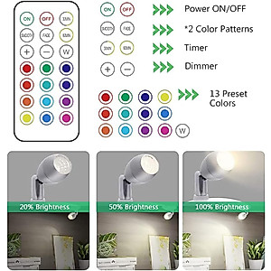 KINDEEP RGB Wireless LED Spotlight, Battery Operated Accent Lights, Indoor Mini Puck Light, Dimmable Uplight with Remote, 4000K Warm White, Stick on Wall Light with Rotatable Head, Silver, 2 Pack