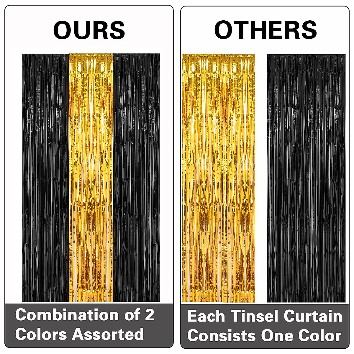 PIGETALE, 2 Pack 3.2x8.2 Feet Black and Gold Tinsel Backdrop Party Decorations, Foil Fringe Curtains Backdrop for Birthday Graduation Wedding Engagement Bridal