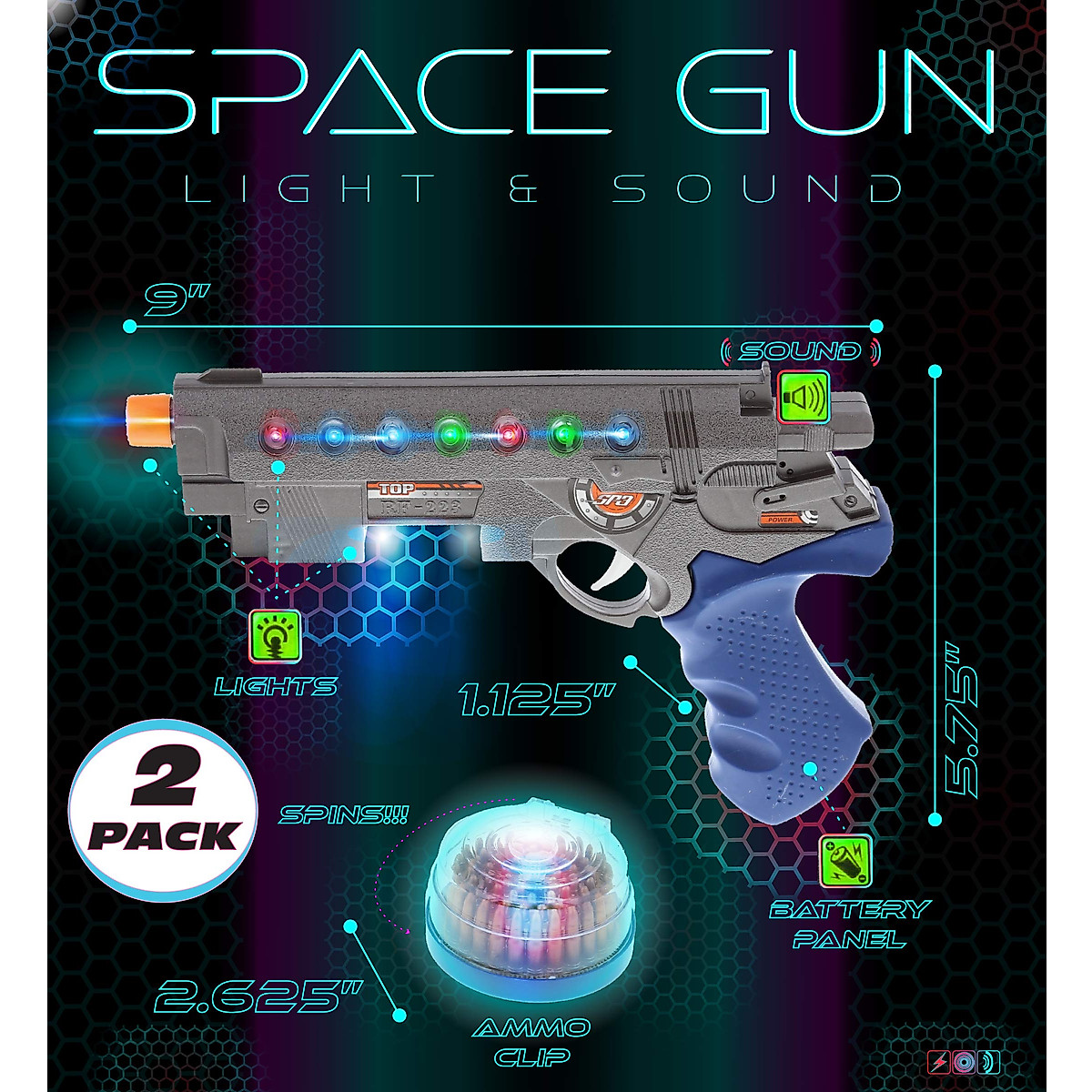 Mozlly Revolver Space Handgun Toy Set of 2 - Flashing LED Laser Guns for Kids with Sounds Effects, Realistic Blaster Gun Toy for Party Favors & Costume Dress Up Accessory Prop Pretend Play - 2 Pack