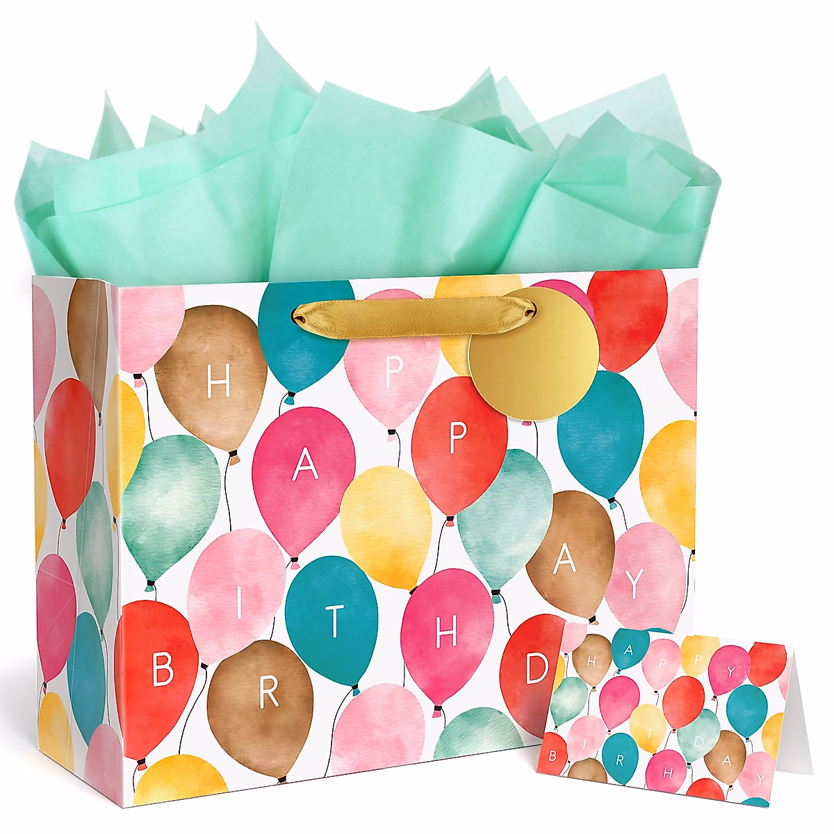 BGTCARDS Birthday Gift Bag with Tissue Paper and Card, Happy Birthday Gift Bags for Birthday, Party, Reusable Gift Bag for Presents with Handles - 13”x 10”x 5”, 1PCS