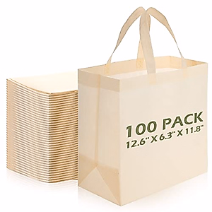 100 Pieces Reusable Totes Bag Set Non Woven Grocery Bag with Handles Fabric Portable Tote Bag Bulk(Beige)