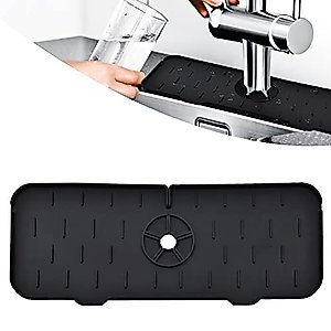 Silicone Kitchen Sink Splash Guard, VSTM Faucet Water Drip Catcher Mat, Sink Drain Pad Behind Faucet, CounterTop Protector Drying Mat Racks for Bathroom, Kitchen, Bar, RV and Farmhouse (Black)