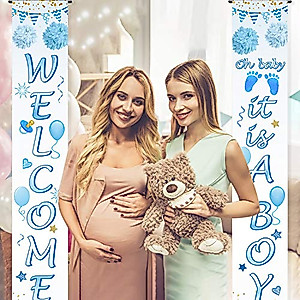 Baby Shower Decorations Welcome It is a Boy Banner Backdrop Background Door Hanging Porch Sign for Baby Shower Party Supplies, 71 x 12 Inch
