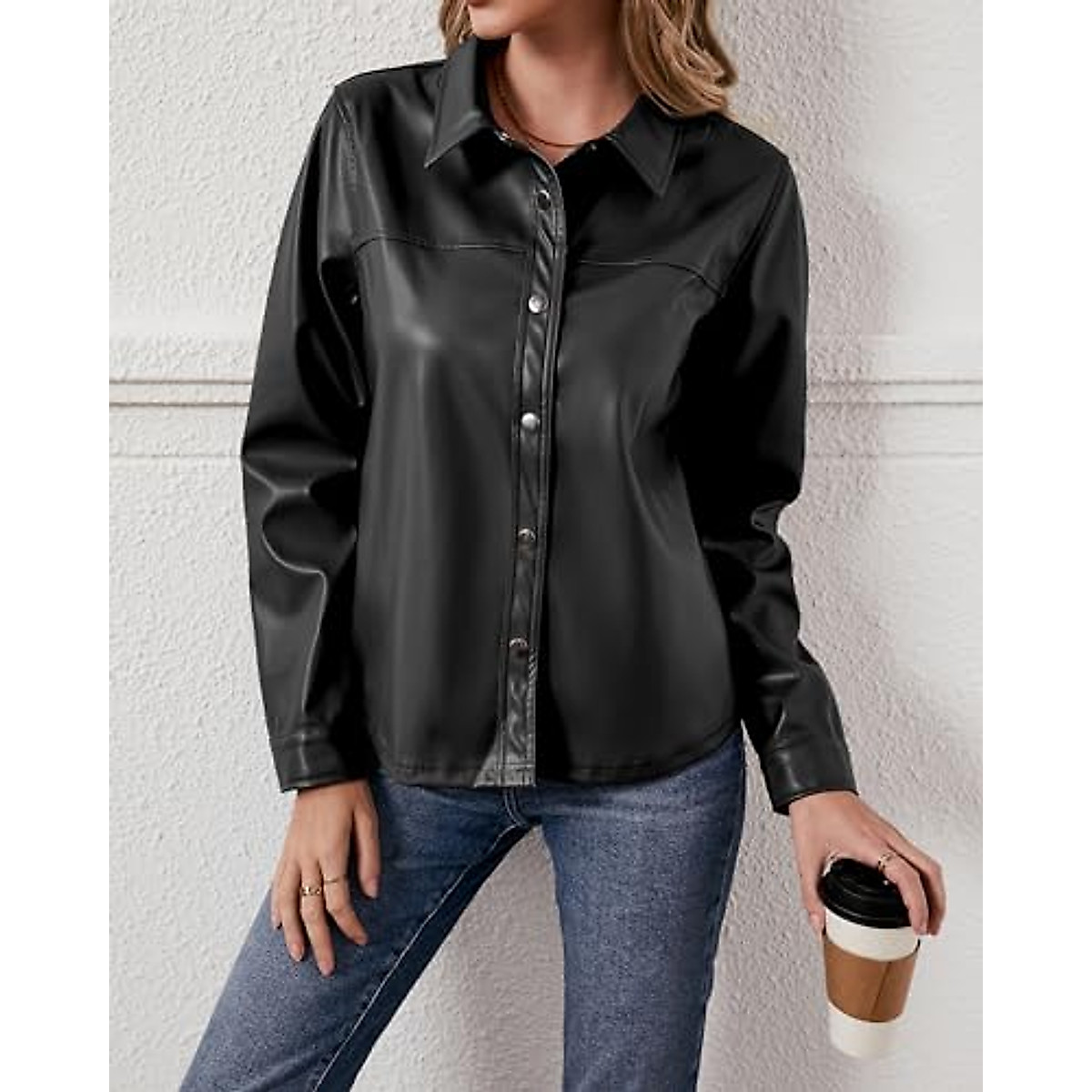 luvamia Faux Leather Jackets for Women Long Sleeves Vegan Leather Shackets Jacket Side Pockets Trendy Moto Biker Coat Womens Fall Jackets for Women 2023 Black Jacket Women Dressy Black Size Large