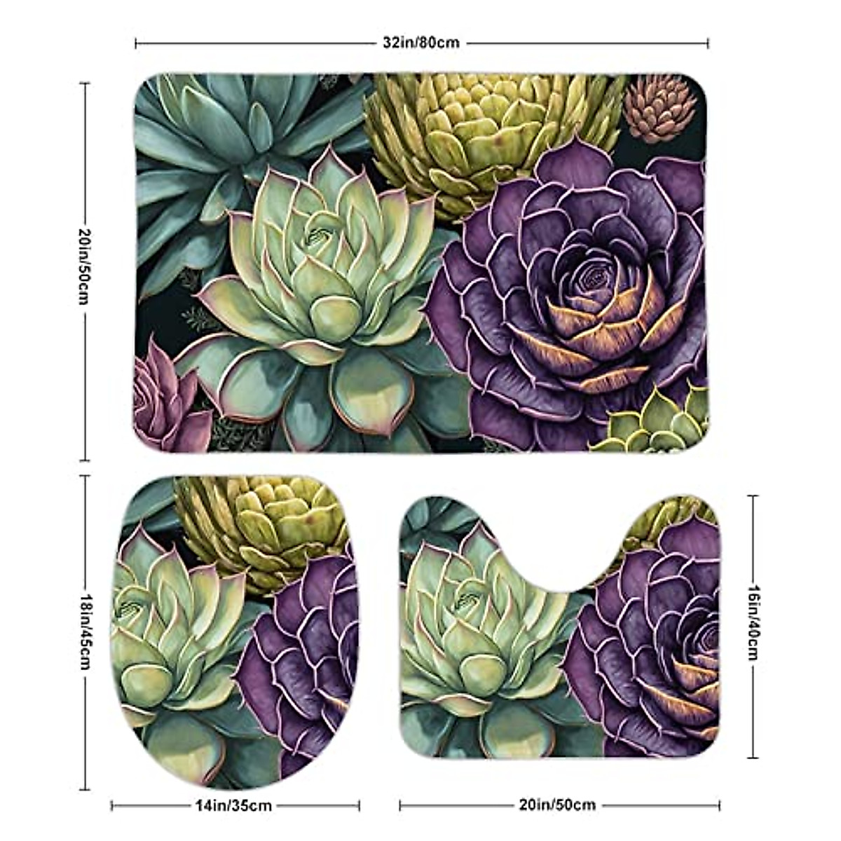 Habilboi Bathroom Rugs Sets 3 Piece with Toilet Cover, Bath Mats for Bathroom Non Slip, U-Shaped Contour Toilet Mat Succulent Patterns 20x32inch Bath Mats for Bathroom Floor