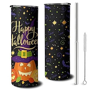 ysnifeiw 20oz Halloween Skinny Tumbler with Lid and Straw, Stainless Steel Insulated Gohst Pumpkin Cup Halloween Skeleton Coofee Mug Gifts for Women Men