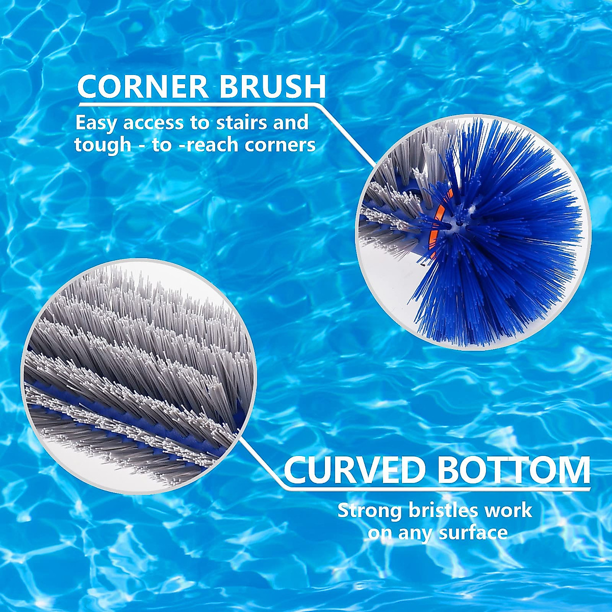 Brosse de nettoyage professionnelle pour sol et mur de piscine de 44,5 cm avec poils en nylon durables à 360 degrés, poignée en aluminium EZ Clip - balayage facile des murs, sols, marches