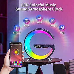 Aimery 4 in 1 Table Lamp,Wireless Charger Atmosphere Lamp,Sunrise Alarm Clock and Bluetooth Speaker Controlled by APP,Dimmable Bedside Lamp,Table lamp for Bedroom Decor,Dorm Decor (Black)