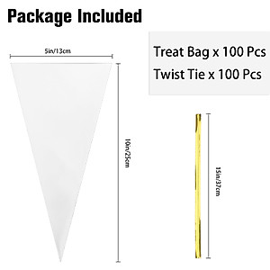 100 Pieces Cone Shaped Treat Bags, Cone Shaped Cellophane Treat Bags, 10 x 5 Inches Triangle Treat Bags with Ties, Clear Treat Bags, Plastic Treat Bags with Twist Ties for Popcorn Treats Cookies Candy