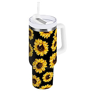 MCHIVER Black Sunflowers 30 oz Tumbler with Handle and Straw Stainless Steel Vacuum Water Bottle Leak-proof Travel Coffee Mug Insulated Water Bottle for Car Home Office