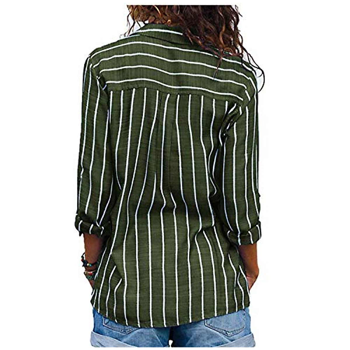 Andongnywell Women's Stripe Lapel Long Sleeve Shirts Tops Plain Front Pockets Turn Down Button Shirts (Green,3,Large)