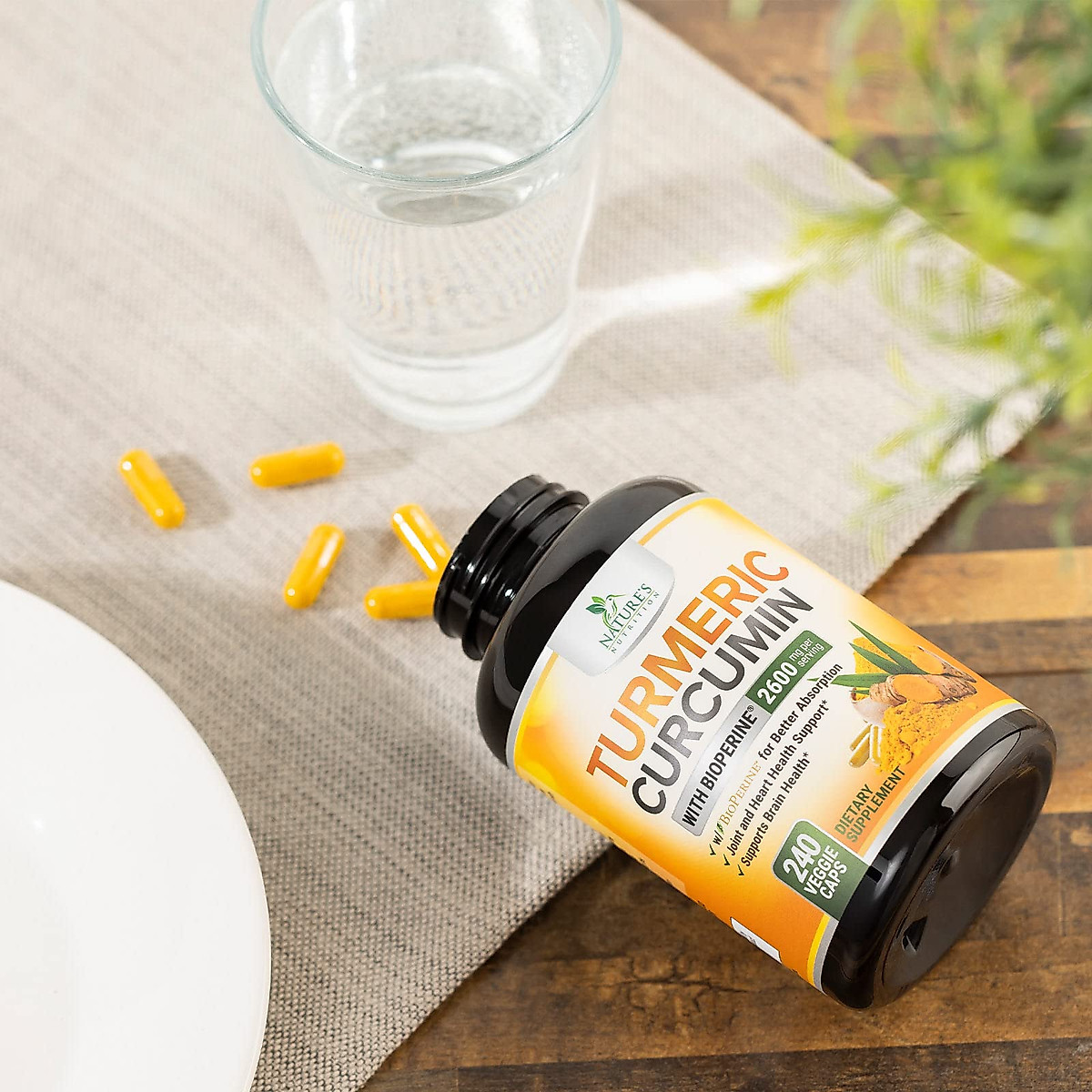 Turmeric Curcumin Supplement with BioPerine 95% Curcuminoids 2600mg with Black Pepper for Best Absorption, Bottled in USA, Best Natural Vegan Joint Support, Nature's Tumeric Capsules - 240 Capsules