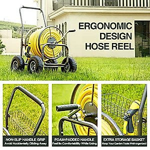 Dulce Domi Hose Reel, Heavy Duty Hose Reel Holds 300 Feet of 5/8" Hose, Durable Garden Hose Reel W/ Powder Coat Finish, Extra Basket Storage Water Hose Reel W/ 10" MAX 20PSI Pneumatic Tires (Grey)