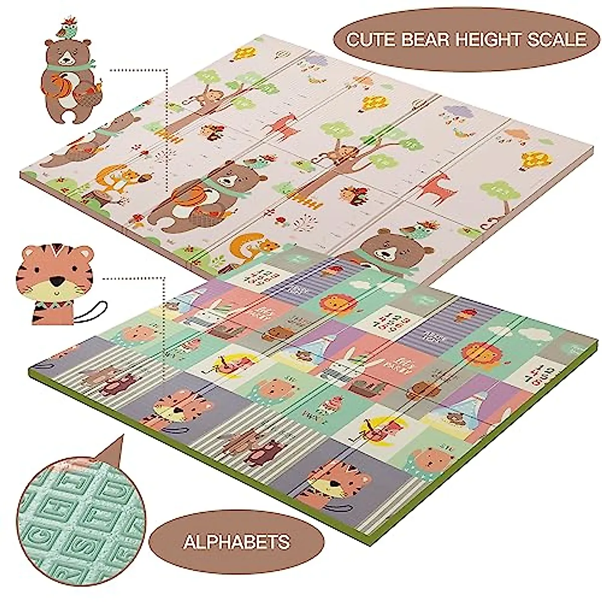 GZZ Foldable Baby Play Mat,Reversible, Waterproof, Anti-Slip Floor Playing Mats for Infants, Babies, Toddlers Indoor/Outdoor (Cute Bear Tall Foot+Animal Music Festival, 79"*71"*0.4")