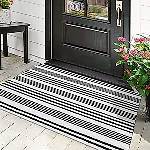 Black and White Striped Outdoor Rug, 27.5"x43" Cotton Modern Hand-Woven Reversible Front Porch Door Mat Welcome Layered Doormat Washable Doorway Carpet for Farmhouse Kitchen Laundry Room