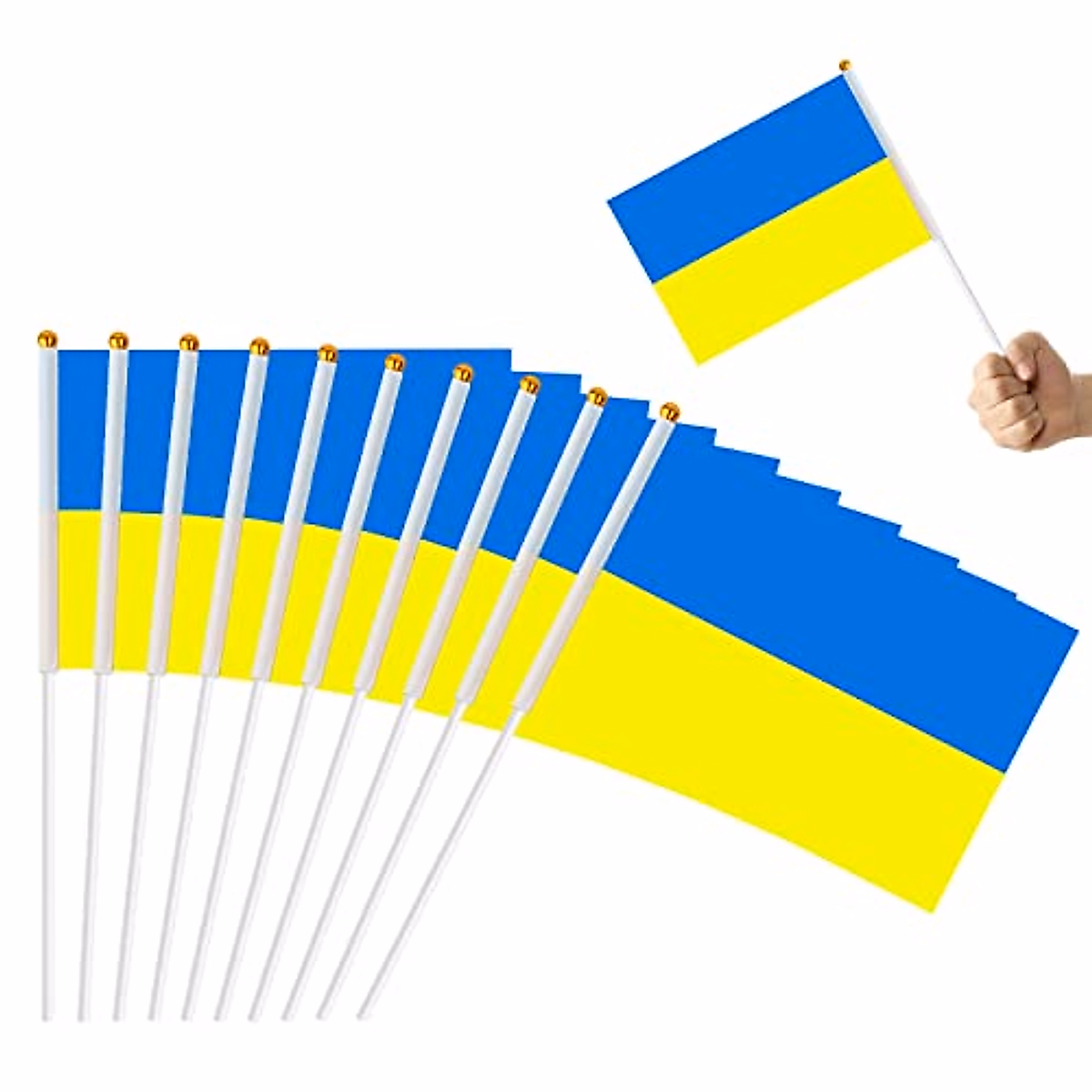 10PCS Ukraine Hand Held Flags 5.5x8.5in / 14 x21cm Ukrainian National Stick Flags Outdoor Indoor Decor Polyester Small Mini Flags Decoration for Car Party Festival Home Sports Events