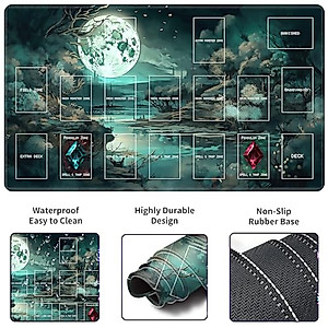 Playmat for OCG, Game Play Mat for TCG CCG 24 x 14 inch with Non-Slip Rubber Base and Stitched for Board Games and Table Magic, Moon and River at Night