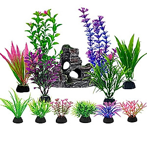 AWXZOM 13pcs Fish Tank Decorations, Aquarium Artificial Plastic Plants and Cave Rock Decor Set, Small to Large Aquarium Plants, Betta Fish Tank Accessories Aquarium Plants (style1)