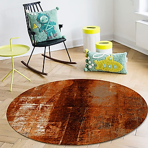 Round Area Rugs Collection 4 Ft, Burnt Orange Non-Slip Residential Carpet, Modern Abstract Geometric Art Oil Painted Indoor Crawling Mats Runner Rugs for Living Room/Dining Room/Bedroom