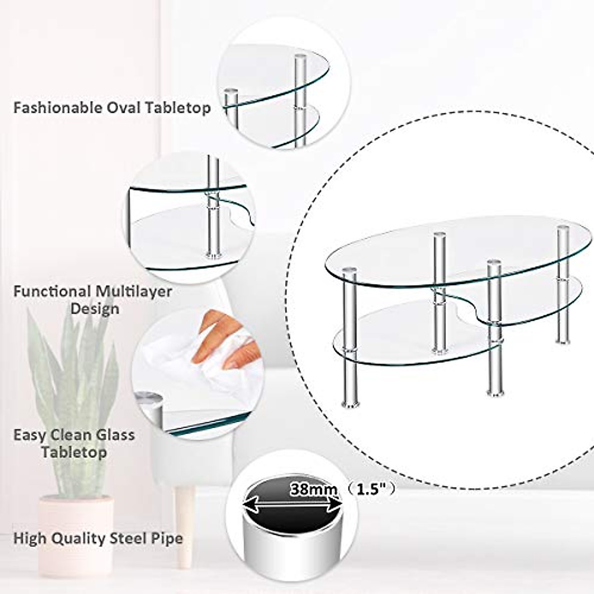 Tangkula Glass Coffee Table, Modern Furniture Decor 2-Tier Modern Oval Smooth Glass Tea Table End Table for Home Office with 2 Tier Tempered Glass Boards & Sturdy Chrome Plated Legs