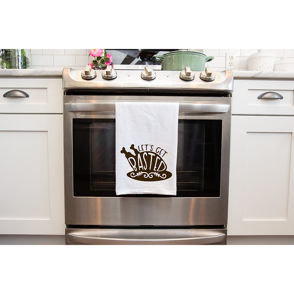 Handmade Funny Kitchen Towel - Let's Get Basted Funny Hand Towel for Thanksgiving, Holidays - 28x28 Inch Perfect for Chef Hostess Housewarming Christmas Mother's Day Birthday Gift (Lets Get Basted)