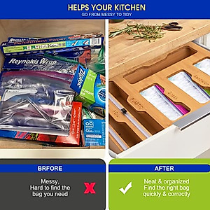 Ziplock Bamboo Bag Storage Organizer - 6 In 1 Wrap Dispenser With Cutter,Ziplock Bag Organizer suitable For Gallon, Quart, Sandwich & Snack Bag, Cling Film, Foil And Plastic Wrap Organizer