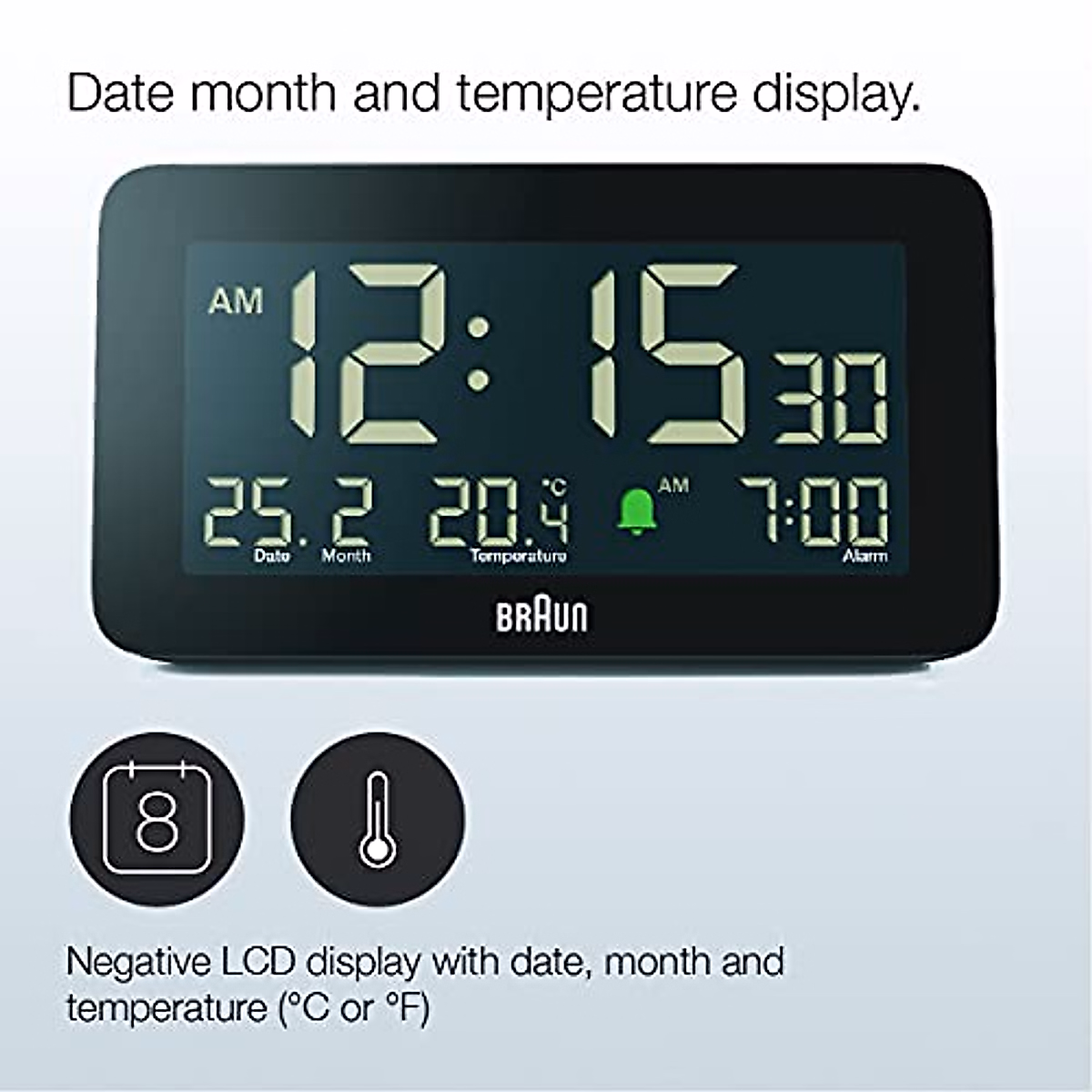 Braun Digital Alarm Clock with Date, Month and Temperature Displayed, Negative LCD Display, Quick Set, Crescendo Beep Alarm in Black, Model BC10B.