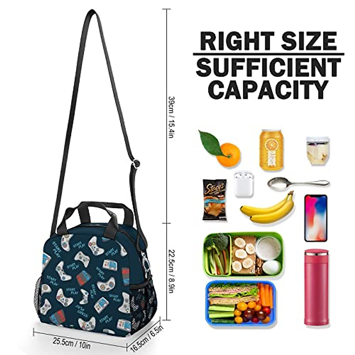 Video Game Lunch Box Gaming Lunch Bag for Boys Kids Gamer Lunch Bags with Shoulder Strap Insulated Lunchbox Fashion Durable Waterproof Lunch Tote Bags for School Work