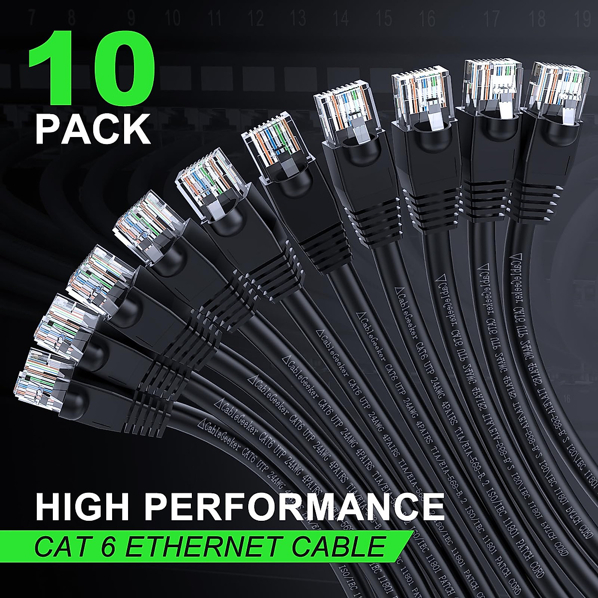 CableGeeker Cat 6 Ethernet Cable 8 ft (10-Pack) - Cat6 Patch Cables, Snagless RJ45, Cat 5e Cat 6 Patch Cable, Cat 6 Cable, 8 Foot Cat6 Ethernet Cables, Network Cable, Internet Cable - 8 Feet Black