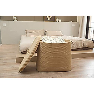22"x14"x18" Rectangular Extra Large Storage Basket with Lid, Cotton Rope Storage Baskets, Laundry Hamper, Toy Bin, for Toys Blankets Storage in Living Room, Baby Nursery, All Beige