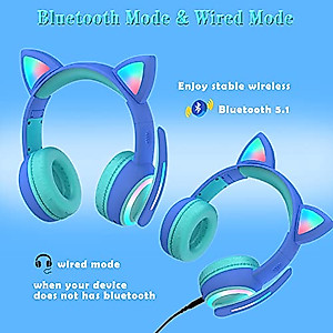Fouetoway Cat Ear Kids Headphones with Bluetooth &Wired, On-Ear Headset Cute LED Light Up with Microphone for Kids Learning,Gaming,Music,Compatible with Laptop/PC/TV/Smartphones(Blue)