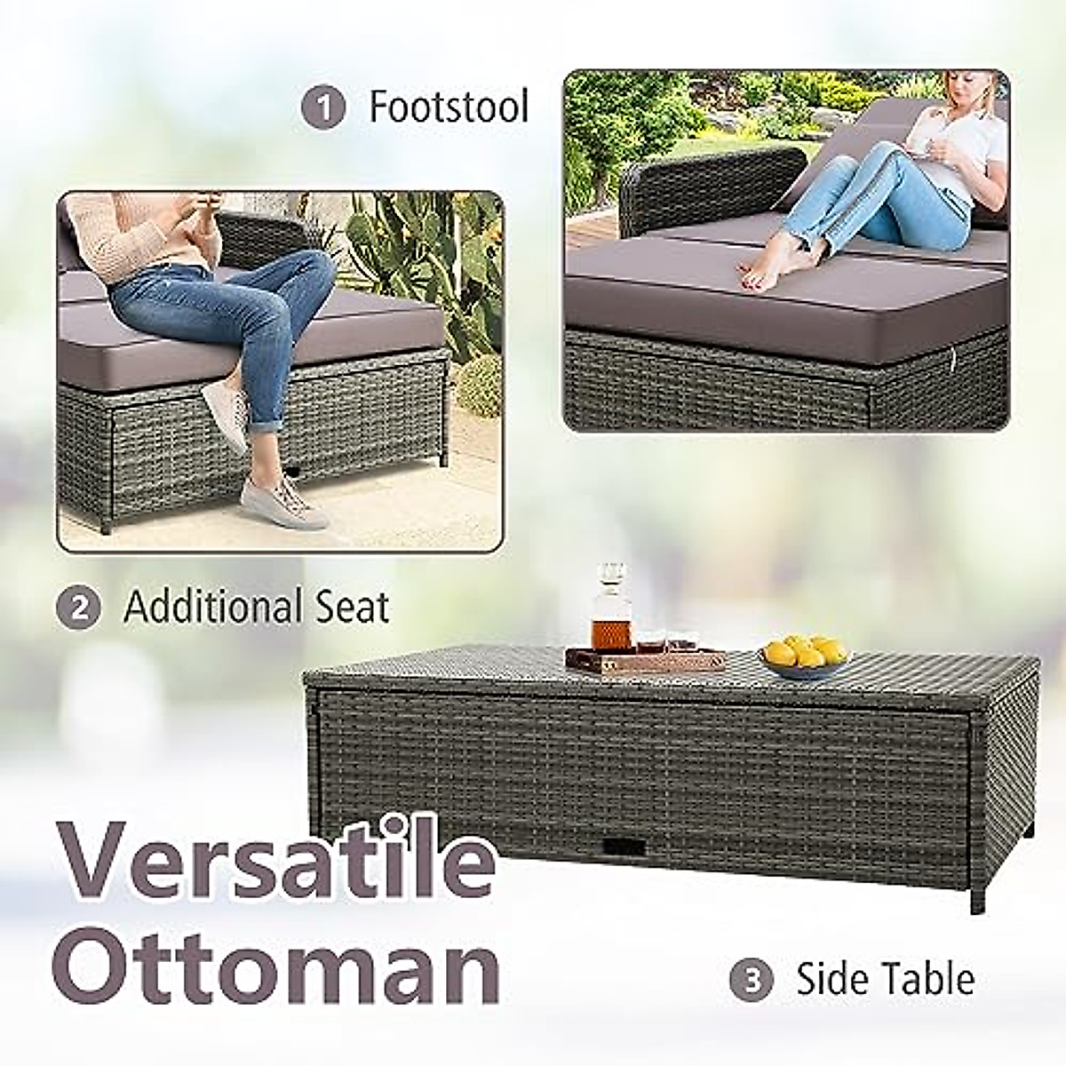 Tangkula Patio Rattan Daybed Set, Wicker Loveseat Sofa w/Multipurpose Ottoman & Retractable Side Tray, 4-Level Adjustable Backrest, Footstool w/Storage, Seat & Back Cushion Included (Gray)