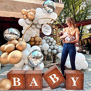 Wood Baby Shower Boxes Party Decorations - 4 Wood Grain Brown Blocks with Printed BABY Letters, Gender Reveal Backdrop,Teddy Bear Baby Shower Supplies, First Birthday Centerpiece Decor