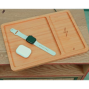 [PJ Collection] Bamboo Organizer Valet Tray with Wireless Charging, Desk and Night Stand Organizer, 2 in 1, 15W Charging Station，Wireless Charging Station