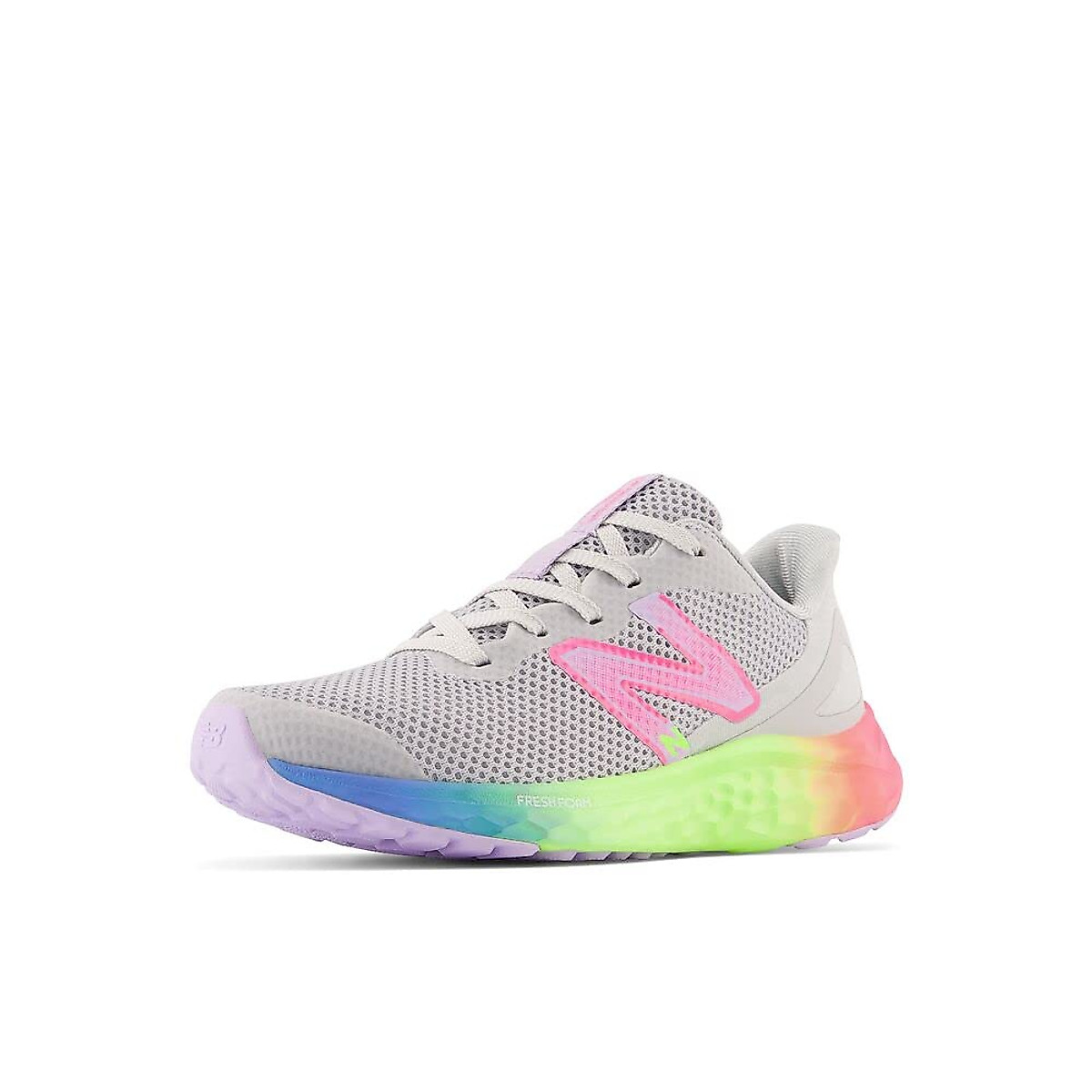 New Balance KIds Arishi Fresh Foam v4 Sneaker, LIGHT ALUMINUM/CYBER LILAC/NEON PINK, 5 M Big Kid (8-12 Years)