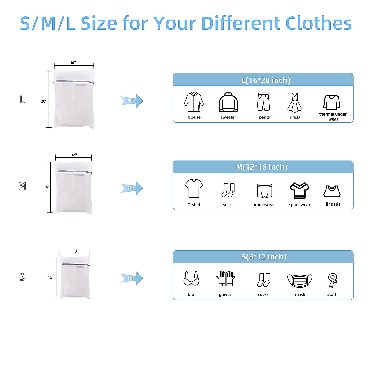 GOGOODA 3 PCS Laundry Mesh Bags Delicates Wash Bags for Lingerie Stockings (1 Large 16 x 20 Inches, 1 Medium 12 x 16 Inches, 1 Small 8 x 12 Inches)