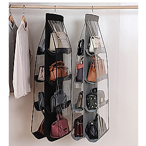 RAUYIVANY 2 Packs Hanging Handbag Purse Organizer, Hanging Purse Organizer Bag Storage Hanger Closet Organizer with Metal Hook, 8 Clear Pockets for Home Closet Bedroom(Grey and Black)