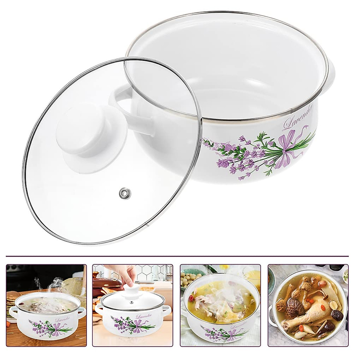 Hemoton Oven Pans 1 Set of Enamel Stew Pot Traditional Cooking Pot Double Handle Stew Pot Household Soup Pot with Lid Enamel Cookware