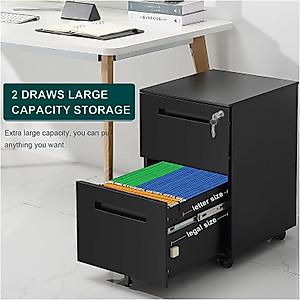 HOMEER 2 Drawer Mobile File Cabinet with Lock & Wheel, Under Desk Rolling Vertical Filing Cabinet, Anti-tilt Design Home & Office Metal Storage Drawers Filing Cabinet for Legal, Letter, A4 File, Black