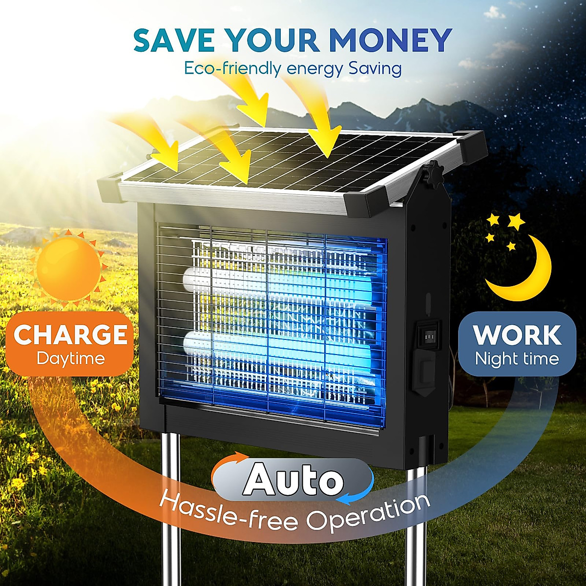 Solar Bug Zapper Outdoor, PhatroyYee Mosquito Zapper 4500V, Waterproof Portable Fly Zapper, Rechargeable Electric Mosquito Killer, Cordless Fly Insect Mosquito Trap for Patio Yard Home Garden Camping