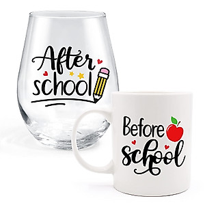 Teacher Appreciation Gifts Set Before School After School 11Oz Coffee Mug 20 Oz Stemless Wine Glass Teacher Retirement Gift First Day of School Birthday Present Back To School Christmas Thanksgiving