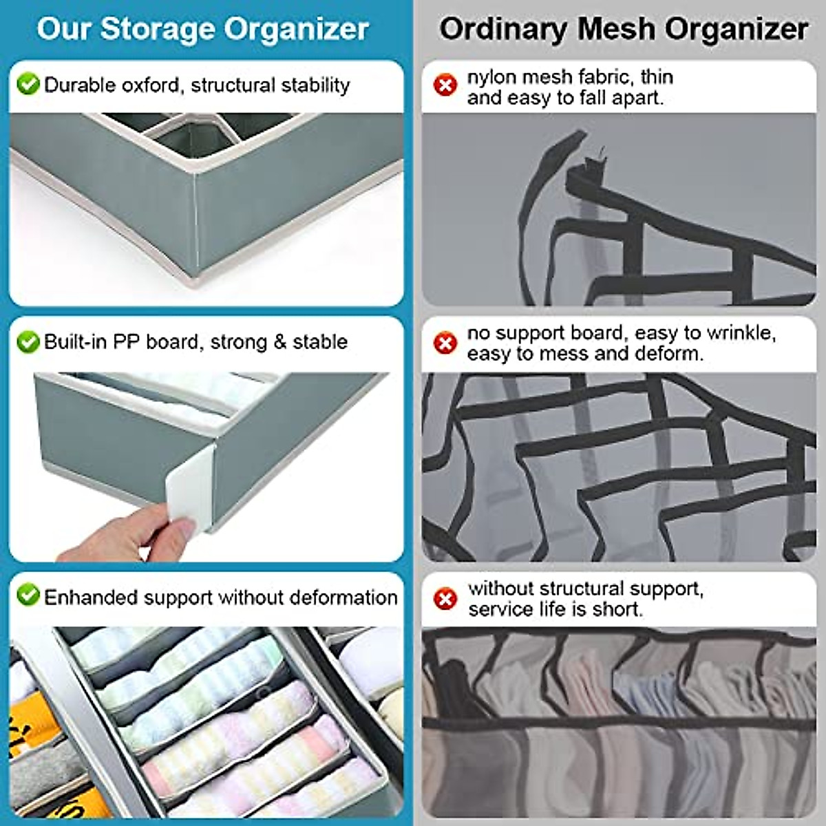 4-Pack Drawer Underwear Storage Organizer Set - Cooyokit Foldable Storage Divider For Closet, Cabinet Collapsible Storage Container For Storing Lingerie, Bras (A-C), Socks, Tie etc. (4 Pack, Grey)