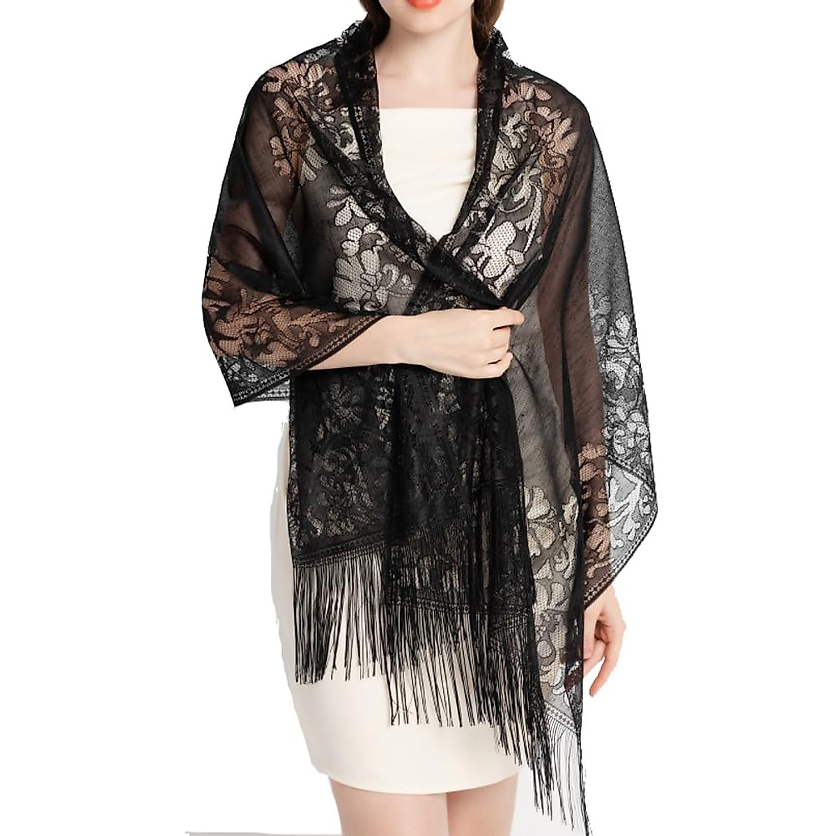 Ladiery Women's Floral Lace Scarf Shawl with Tassels, Soft Mesh Fringe Wraps for Wedding Evening Party Dresses