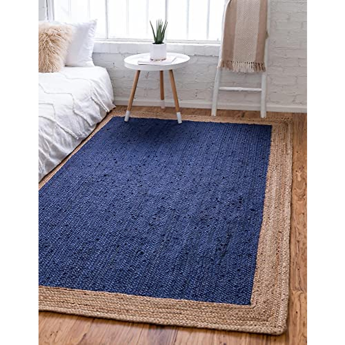 Unique Loom Braided Jute Collection Classic Quality Made Natural Hand Woven with Solid Color Detail, Area Rug, Rectangular 2' 0" x 3' 0", Navy Blue/Tan