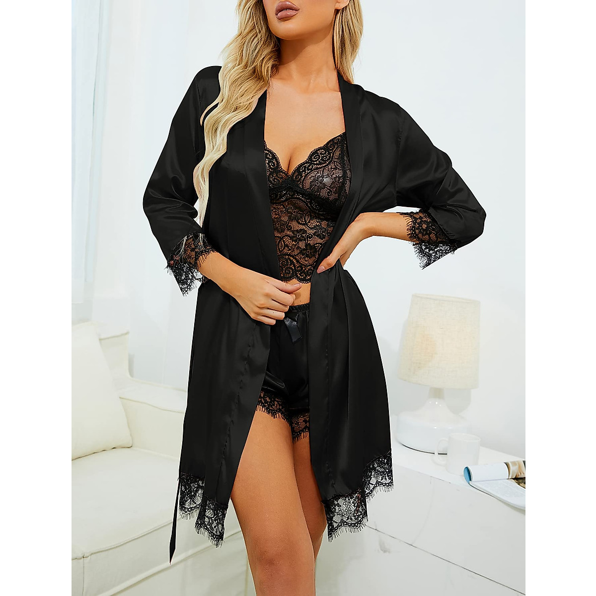 LYANER Women's 4pcs Sleepwear Satin Floral Lace Trim Cami Pajama Set with Robe True Black X-Large
