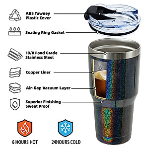 Zibtes 30oz Insulated Tumbler With Lid and Straws, Stainless Steel Double Vacuum Coffee Tumbler, Powder Coated Travel Mug for Home, Office, Travel, Party (Glitter Black 1 pack)